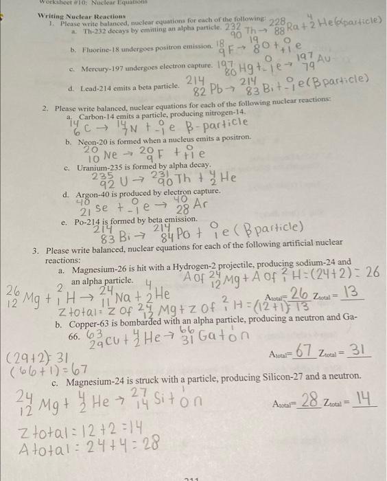 Solved 1. Pleave write balunced, nuclear cquations for each | Chegg.com