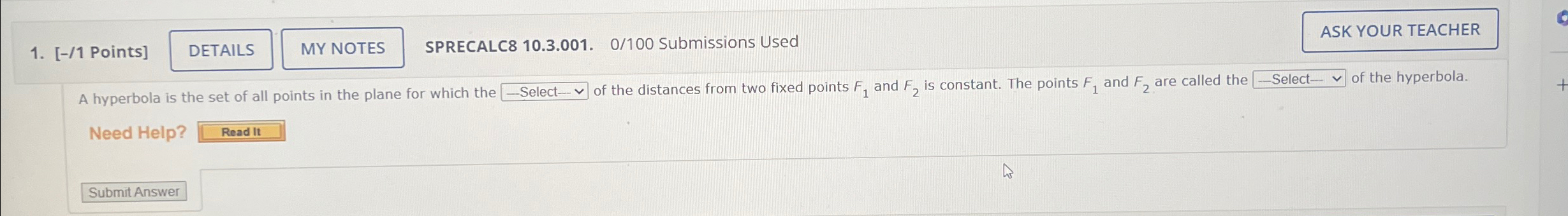 Solved Points] ﻿SPRECALC8 10.3.001. 0/100 ﻿Submissions | Chegg.com