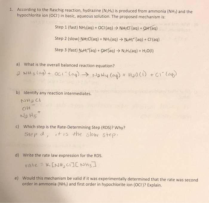 Solved 1. According to the Raschig reaction, hydrazine | Chegg.com
