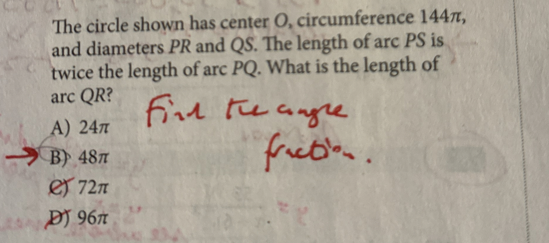Solved The circle shown has center O, ﻿circumference 144π, | Chegg.com