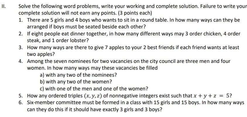 Solved II. Solve the following word problems, write your | Chegg.com