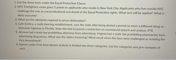 1. List the three tests under the Equal Protection | Chegg.com