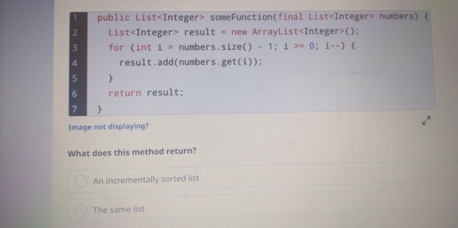 Solved Image not displaying?What does this method return?An | Chegg.com