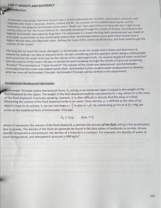 Solved LAB 7: DENSITY AND BUOYANCY Introduction Archimedes | Chegg.com