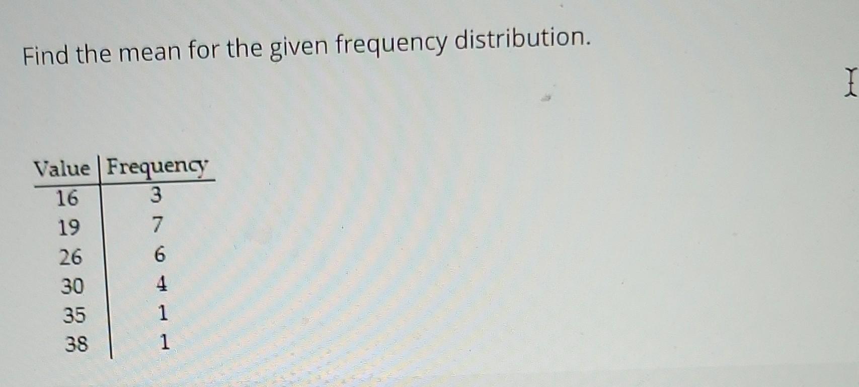 Solved Find the mean for the given frequency distribution. | Chegg.com