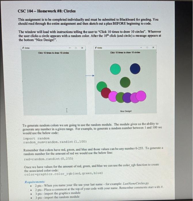 Solved CSC 104 - Homework \#8: Circles This assignment is to | Chegg.com