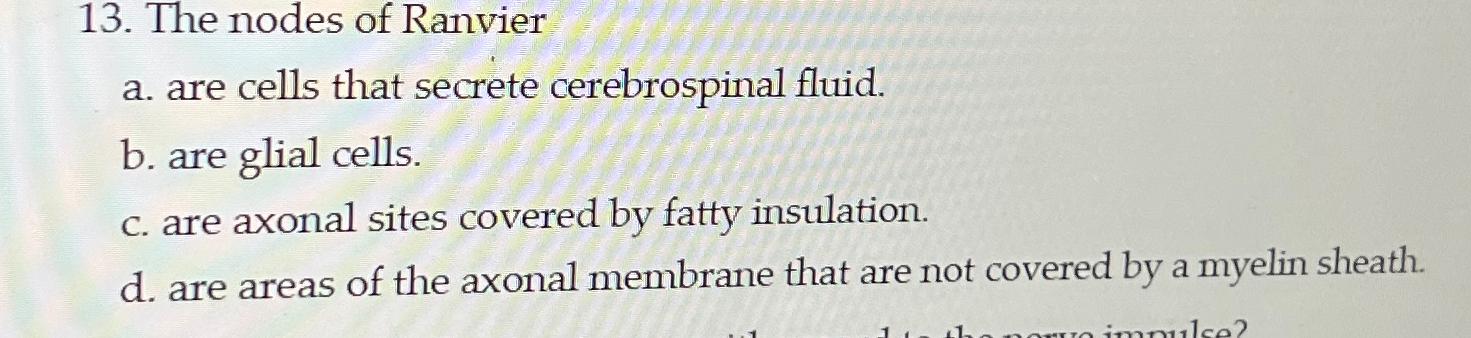 Solved The nodes of Ranviera. ﻿are cells that secrete | Chegg.com