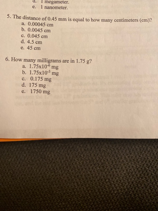 Solved I megameter. 1 nanometer. e. 5. The distance of 0.45 | Chegg.com