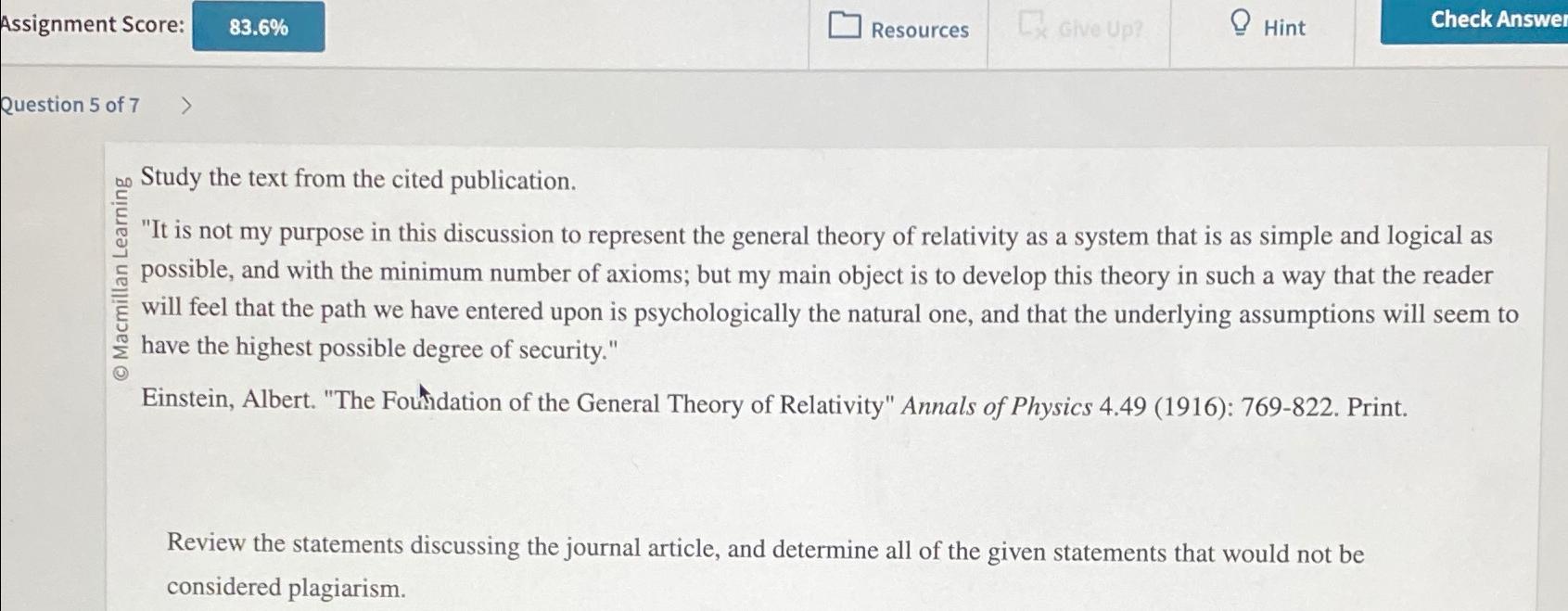 Solved Assignment Score:ResourcesHintQuestion 5 ﻿of 7no | Chegg.com