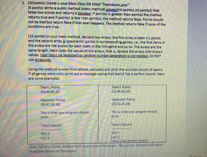 Solved 1. (20 points) Create a Java Main Class file titled | Chegg.com