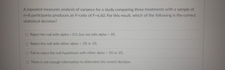 Solved A repeated measures analysis of variance for a study | Chegg.com
