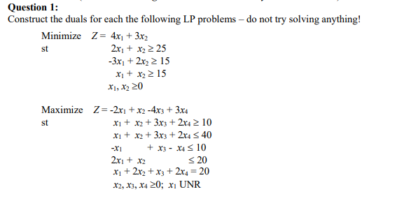 Solved Question 1:Construct the duals for each the following | Chegg.com