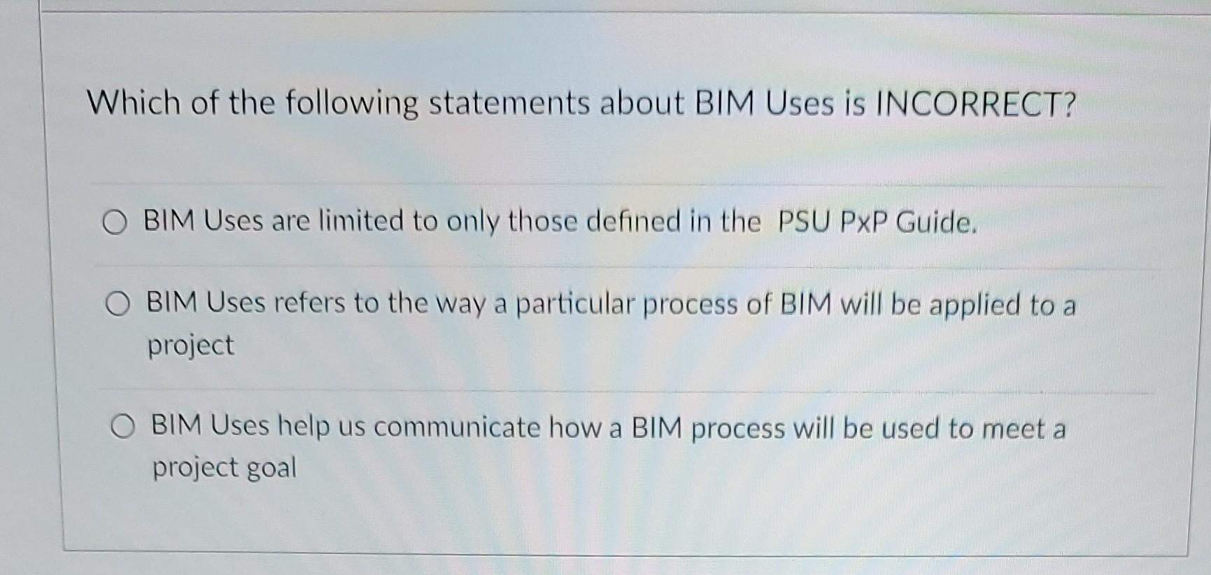 Solved Which of the following statements about BIM Uses is | Chegg.com