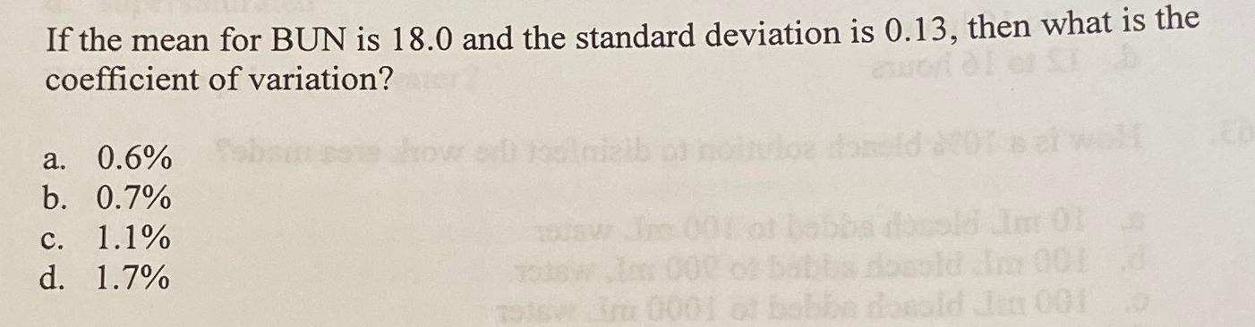 Solved If the mean for BUN is 18.0 ﻿and the standard | Chegg.com