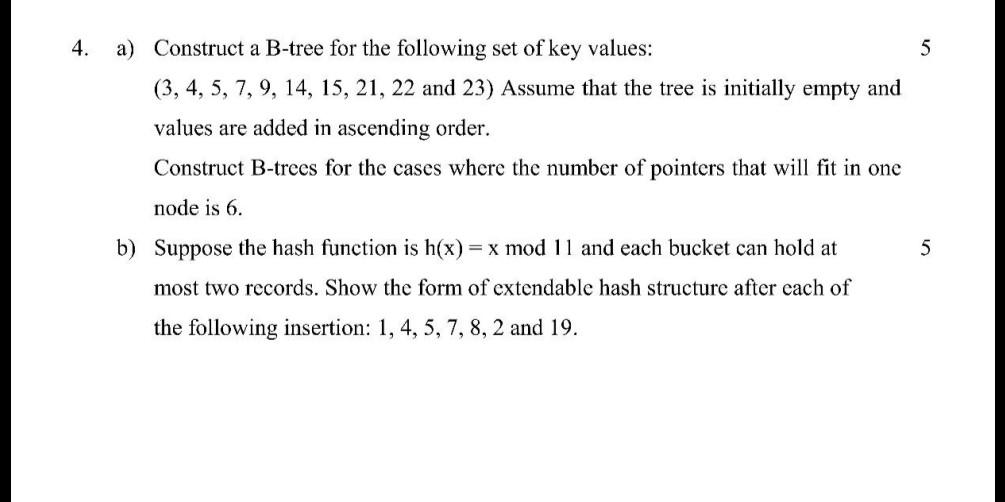 Solved 4. a) Construct a B-tree for the following set of key | Chegg.com