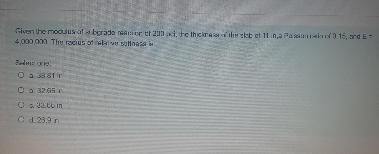 Solved Given the modulus of subgrade reaction of 200 pci, | Chegg.com