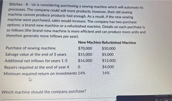 Solved Stitches - R - Us is considering purchasing a sewing | Chegg.com