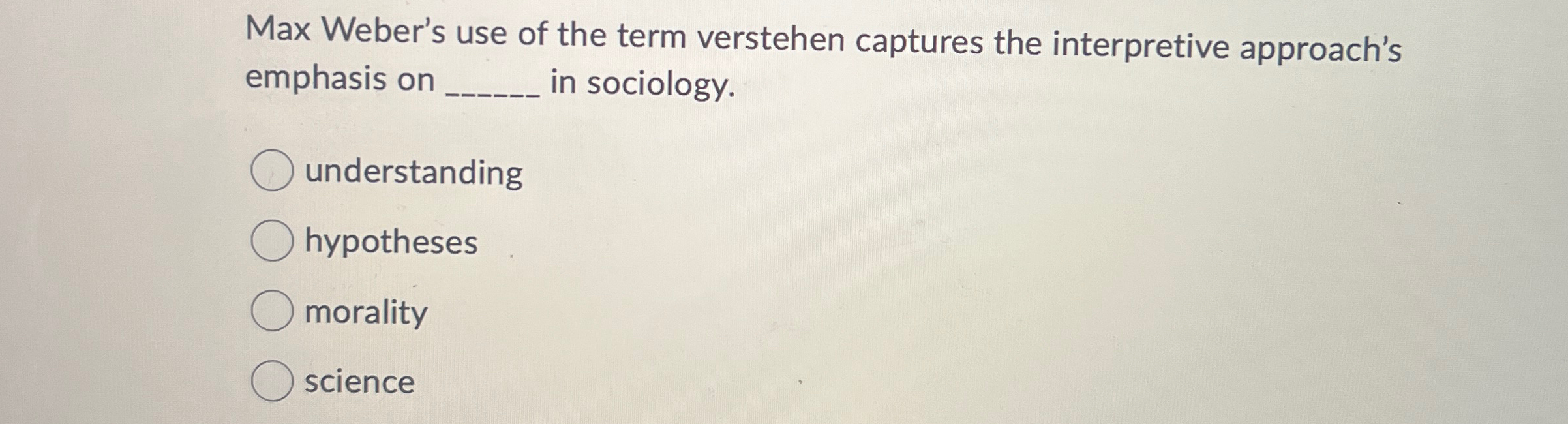 Solved Max Weber's use of the term verstehen captures the | Chegg.com