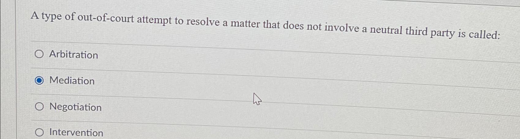 Solved A type of out-of-court attempt to resolve a matter | Chegg.com