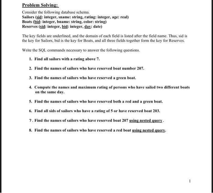 Solved Problem Solving: Consider the following database | Chegg.com