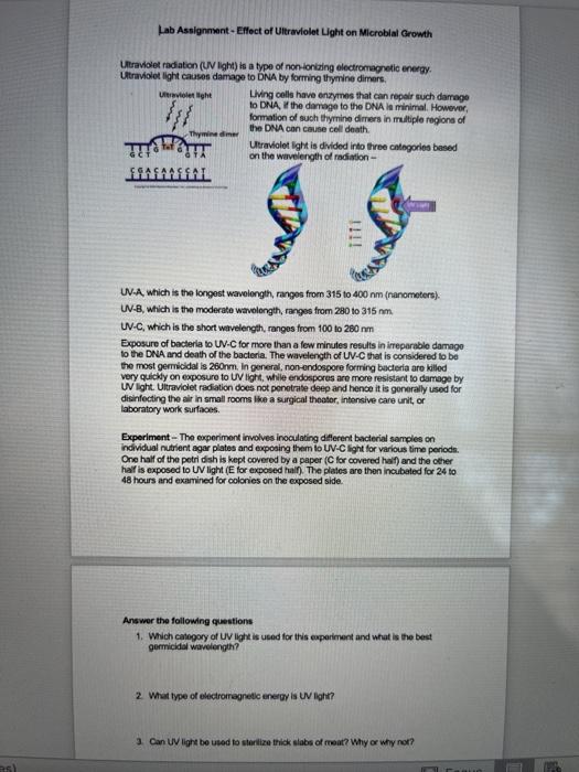 Solved Lab Assignment - Effect of Ultraviolet Light on | Chegg.com