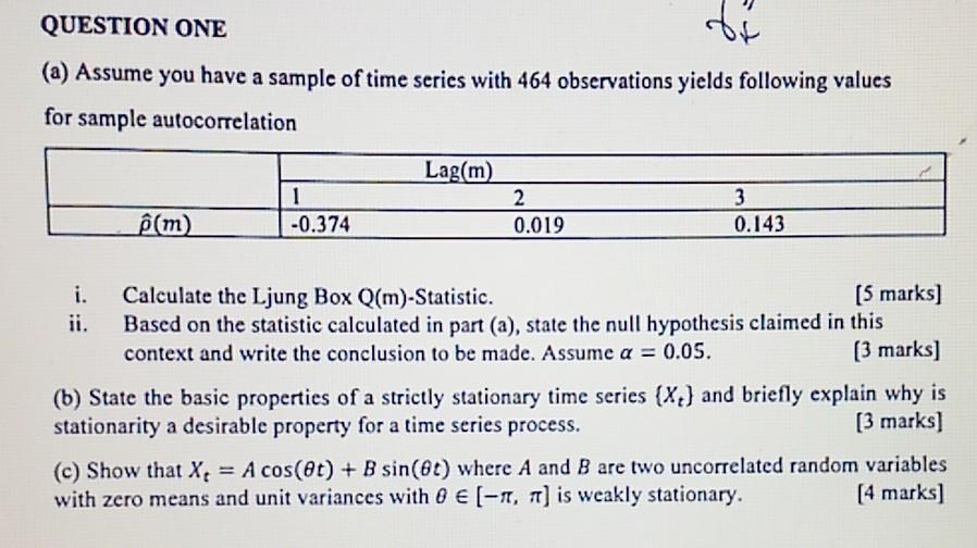 Solved (a) Assume you have a sample of time series with 464 | Chegg.com