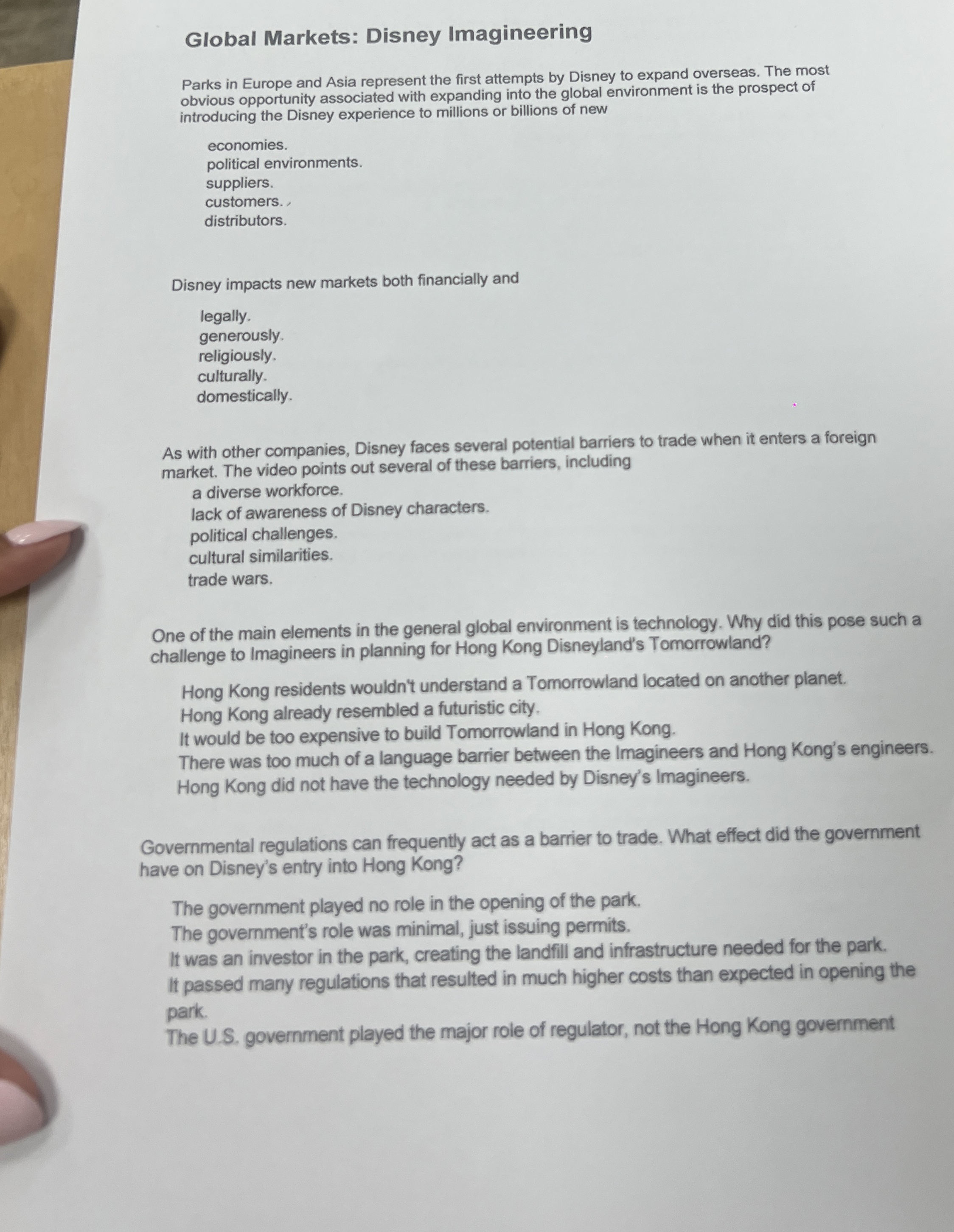 Solved Global Markets: Disney ImagineeringParks in Europe | Chegg.com