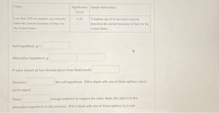 Solved Null hypothesis: p= Alternative hypothesis: p P. | Chegg.com