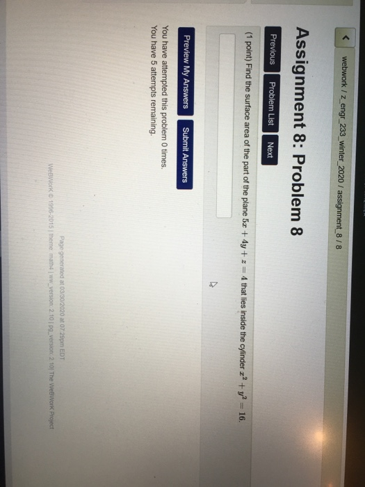 Solved webwork / z_engr_233_winter_2020 / assignment_8/8 | Chegg.com