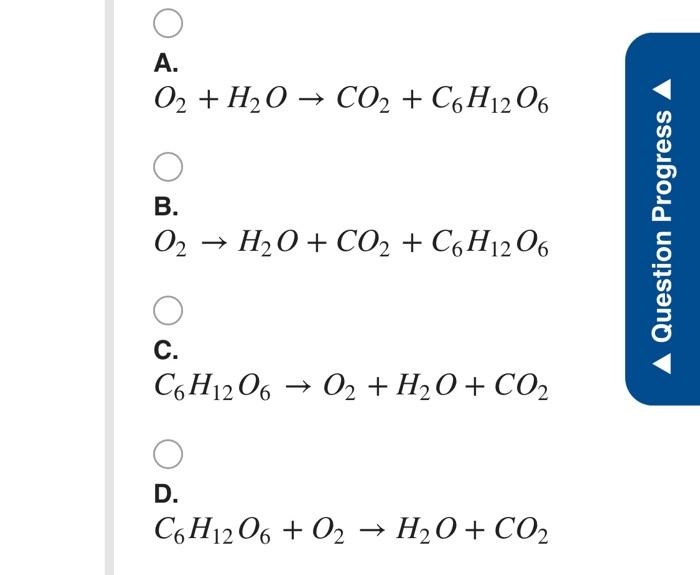 Solved A. 02 + H2O + CO2 + C6H1206 B. 02 → H2O + CO2 + | Chegg.com