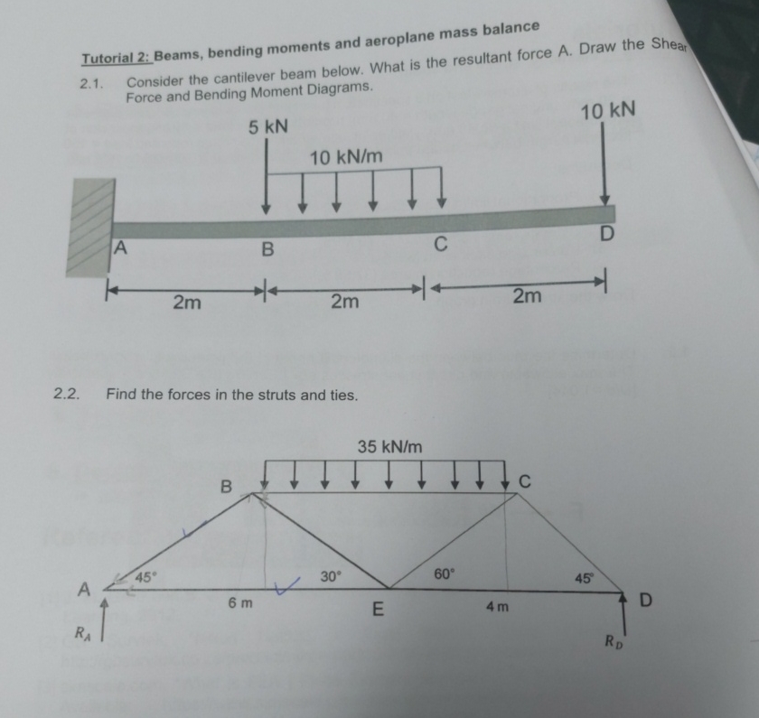 Solved Tutorial 2: Beams, bending moments and aeroplane mass | Chegg.com