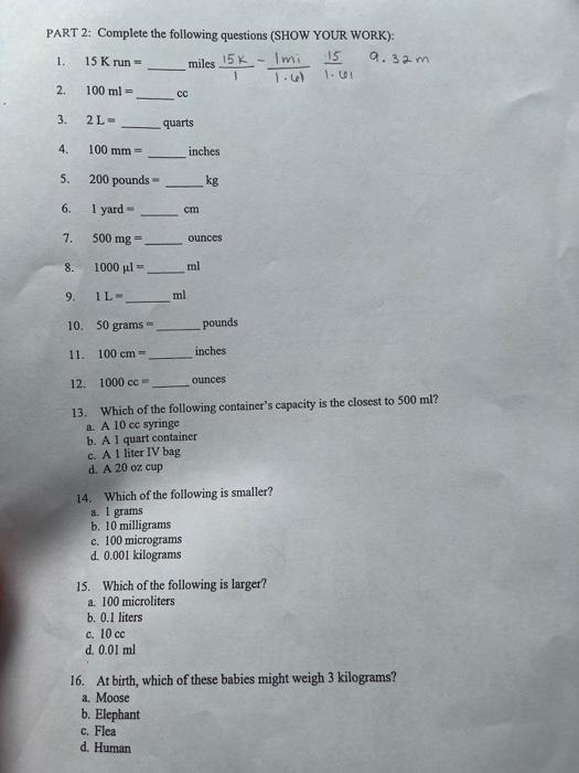Solved Understanding The Metric System Biology 221 PART 1: | Chegg.com