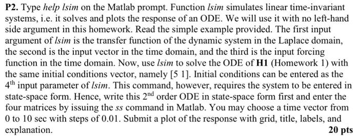 Solved P2 Type Help Lsim On The Matlab Prompt Function L