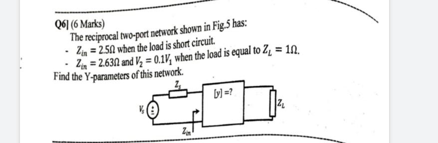 Solved Q6] (6 Marks) - The reciprocal two-port network shown | Chegg.com