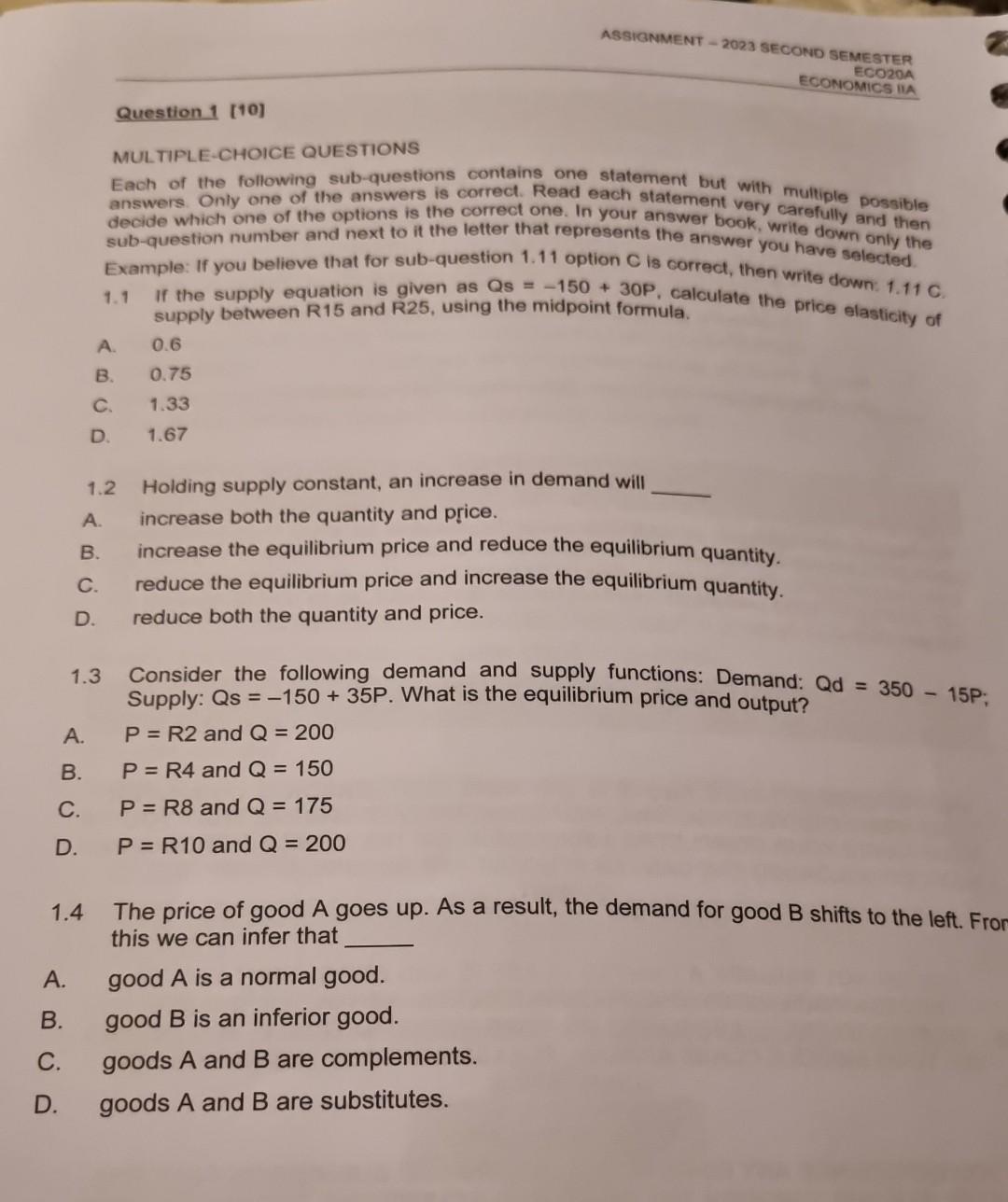 Solved MULTIPLE-CHOICE QUESTIONS Each of the following | Chegg.com