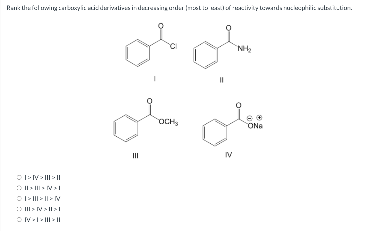 Solved Rank the following carboxylic acid derivatives in | Chegg.com