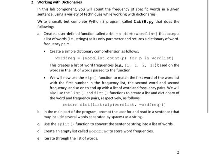 Solved 2. Working with Dictionaries In this lab component, | Chegg.com