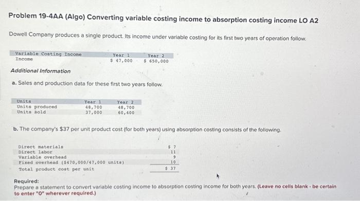 Solved Problem 19-4AA (Algo) Converting variable costing | Chegg.com