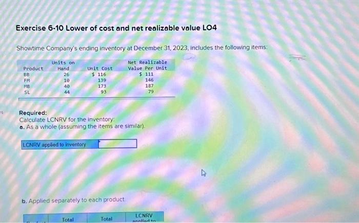 Solved Exercise 6−10 Lower of cost and net realizable value | Chegg.com