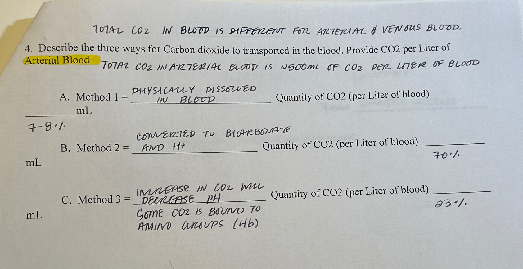 Solved TOTAL CO2 ﻿IN BLOOD IS DIFFERENT FOR ARTERIAL & | Chegg.com