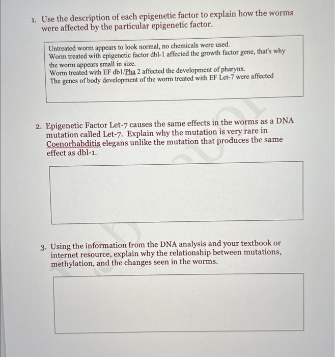 Solved Lab Report Environmental Epigenetics Lab Answer the | Chegg.com