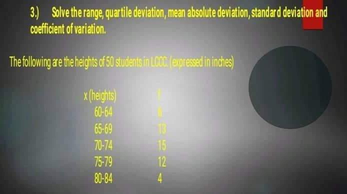 Solved 3.) Solve the range, quartile deviation, mean | Chegg.com