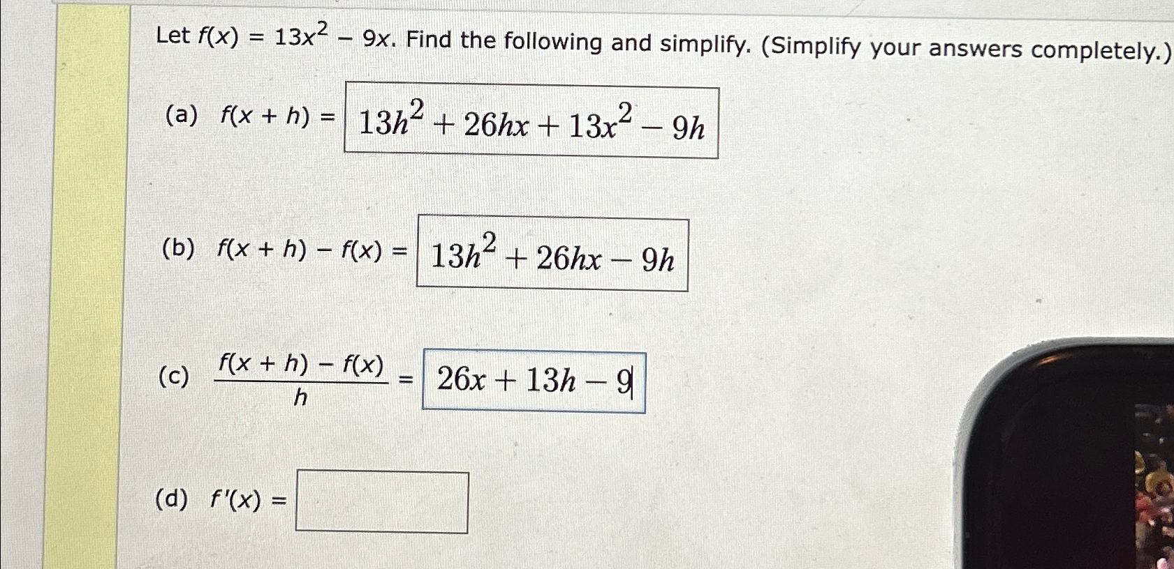 Solved Let f(x)=13x2-9x. ﻿Find the following and simplify. | Chegg.com