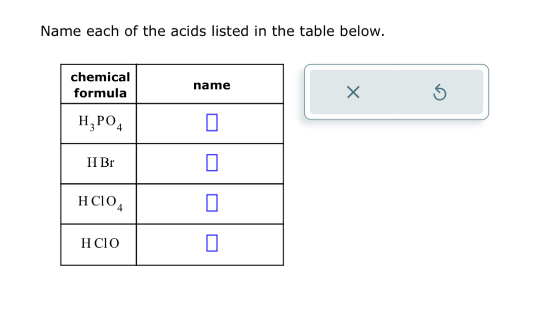 Solved Name each of the acids listed in the table | Chegg.com