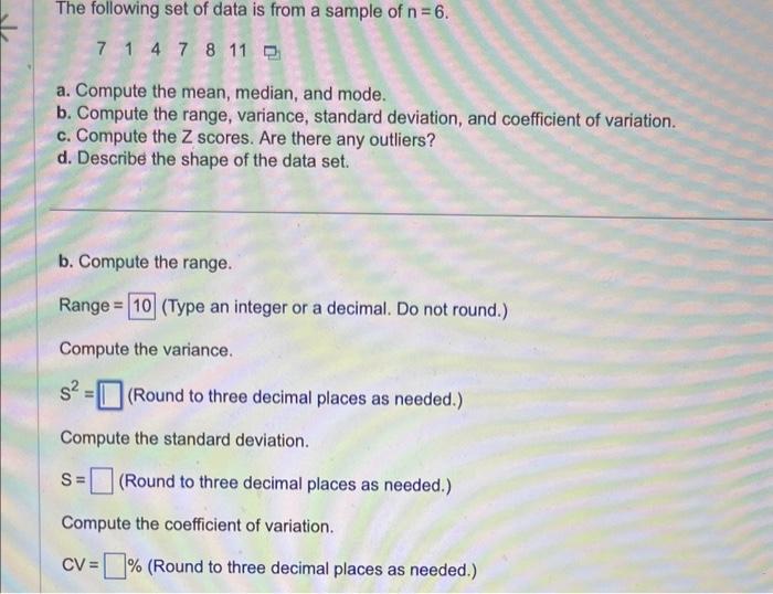 Solved The following set of data is from a sample of n=6. | Chegg.com