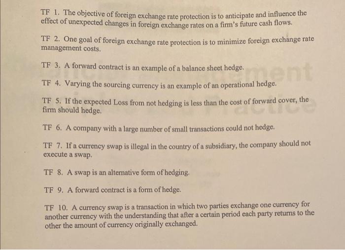 Solved TF 1. The objective of foreign exchange rate | Chegg.com