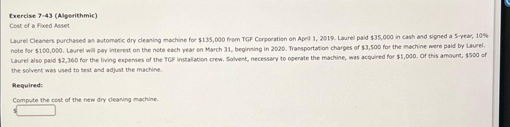 Solved Exercise 7-43 (Algorithmic)Cost of a Fixed | Chegg.com