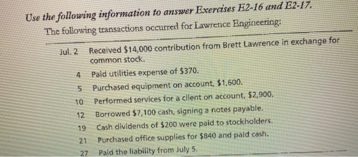 Solved E2-16 Analyzing and journalizing transactions | Chegg.com