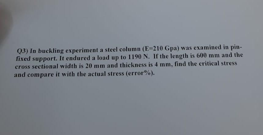 Solved Q3) In buckling experiment a steel column ( E=210Gpa) | Chegg.com