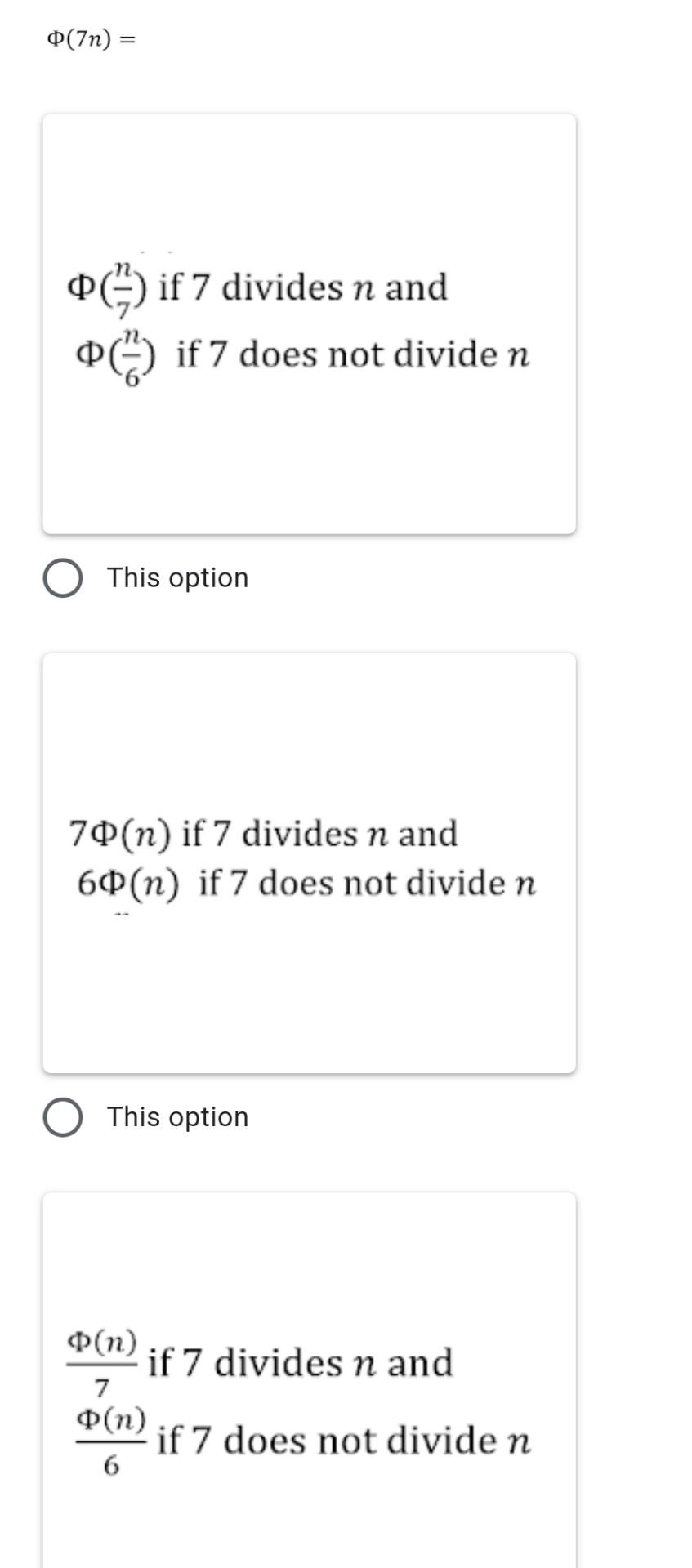 Solved (7n) = 00%) if 7 divides n and 06) if 7 does not | Chegg.com